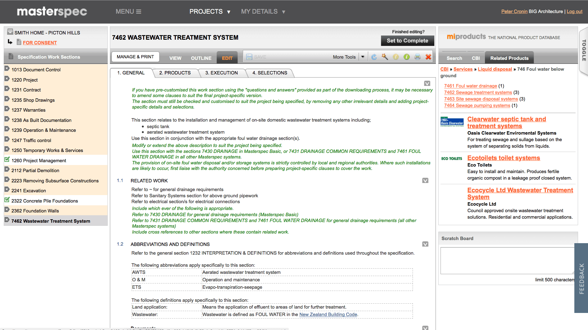 The Work Section task bar - Masterspec